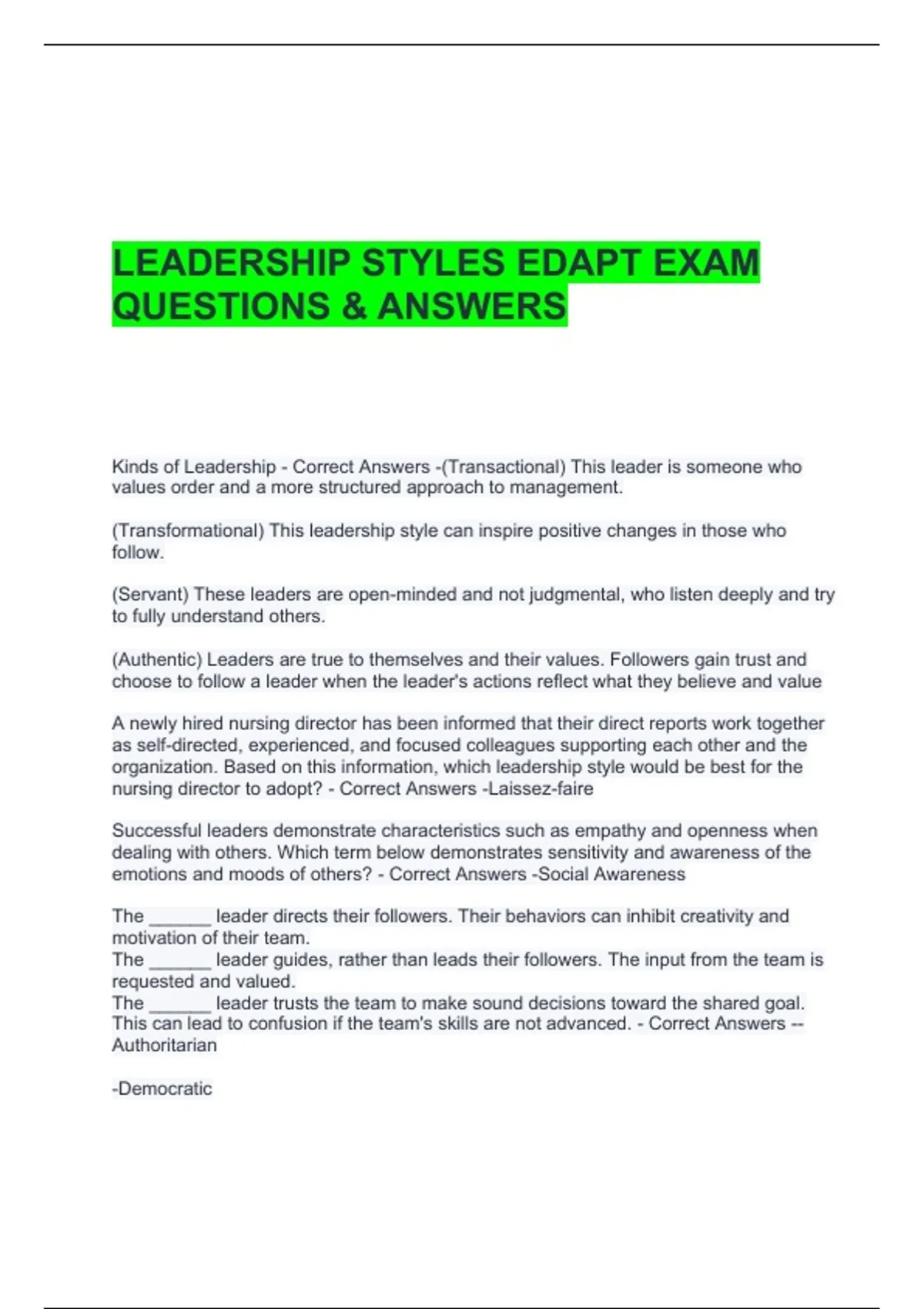 LEADERSHIP STYLES EDAPT EXAM QUESTIONS & ANSWERS - EDAPT - Stuvia US