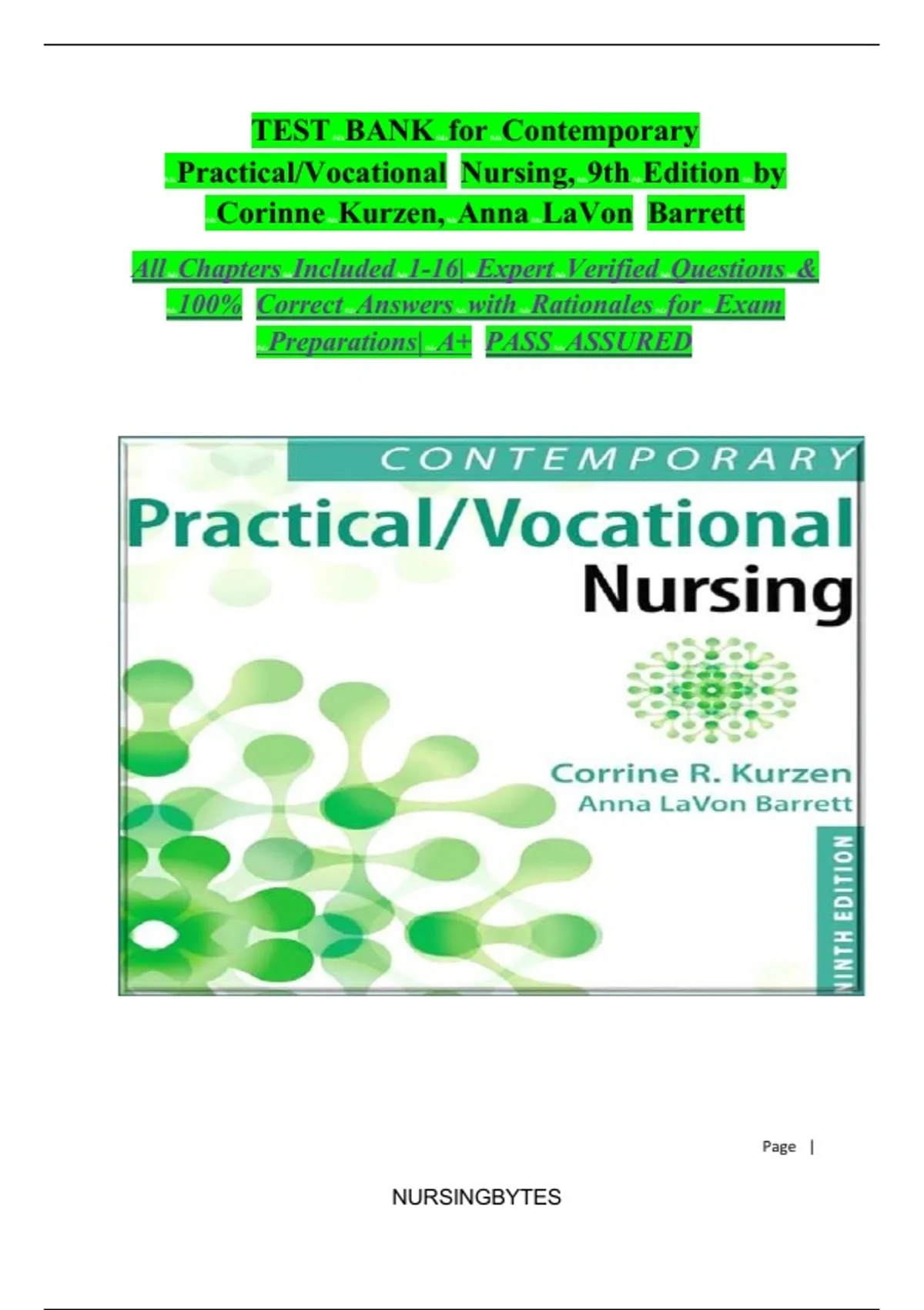 Test Bank For Contemporary Practical/ Vocational Nursing 9th Edition by ...