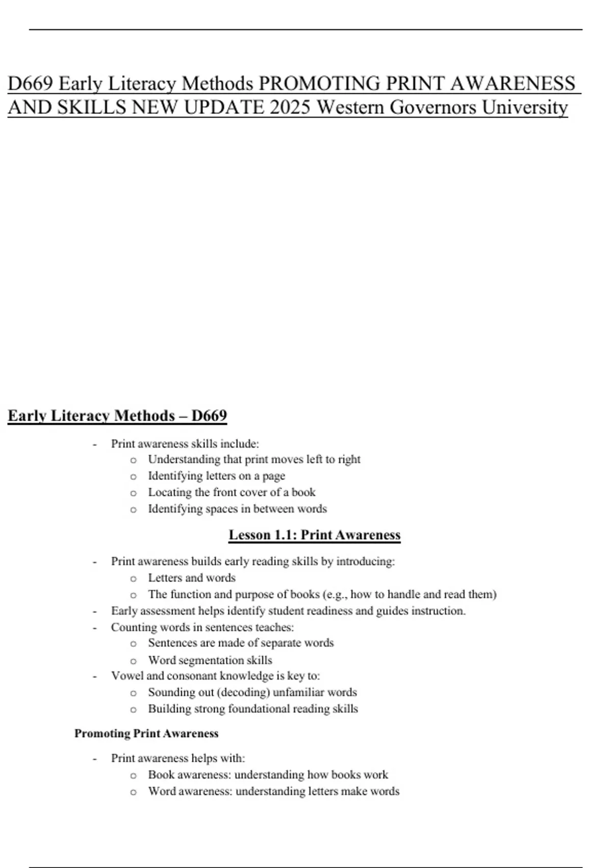 D669 Early Literacy Methods PROMOTING PRINT AWARENESS AND SKILLS NEW ...