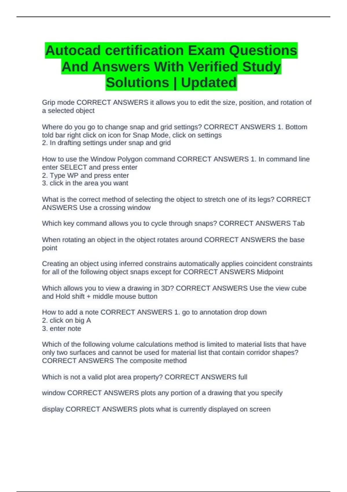 Autocad certification Exam Questions And Answers With Verified Study ...