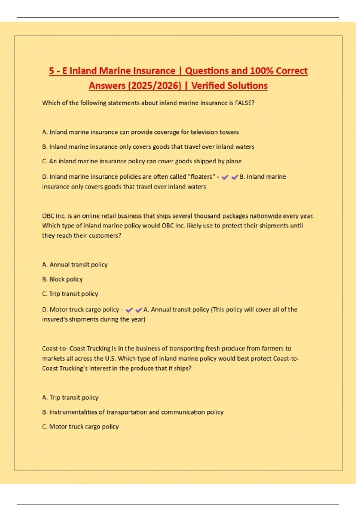 5 - E Inland Marine Insurance | Questions and 100% Correct Answers ...
