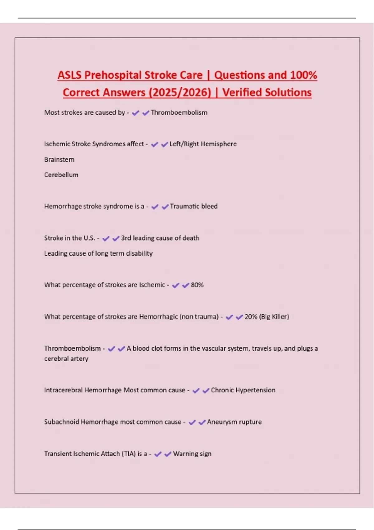 ASLS Prehospital Stroke Care | Questions and 100% Correct Answers (2025 ...