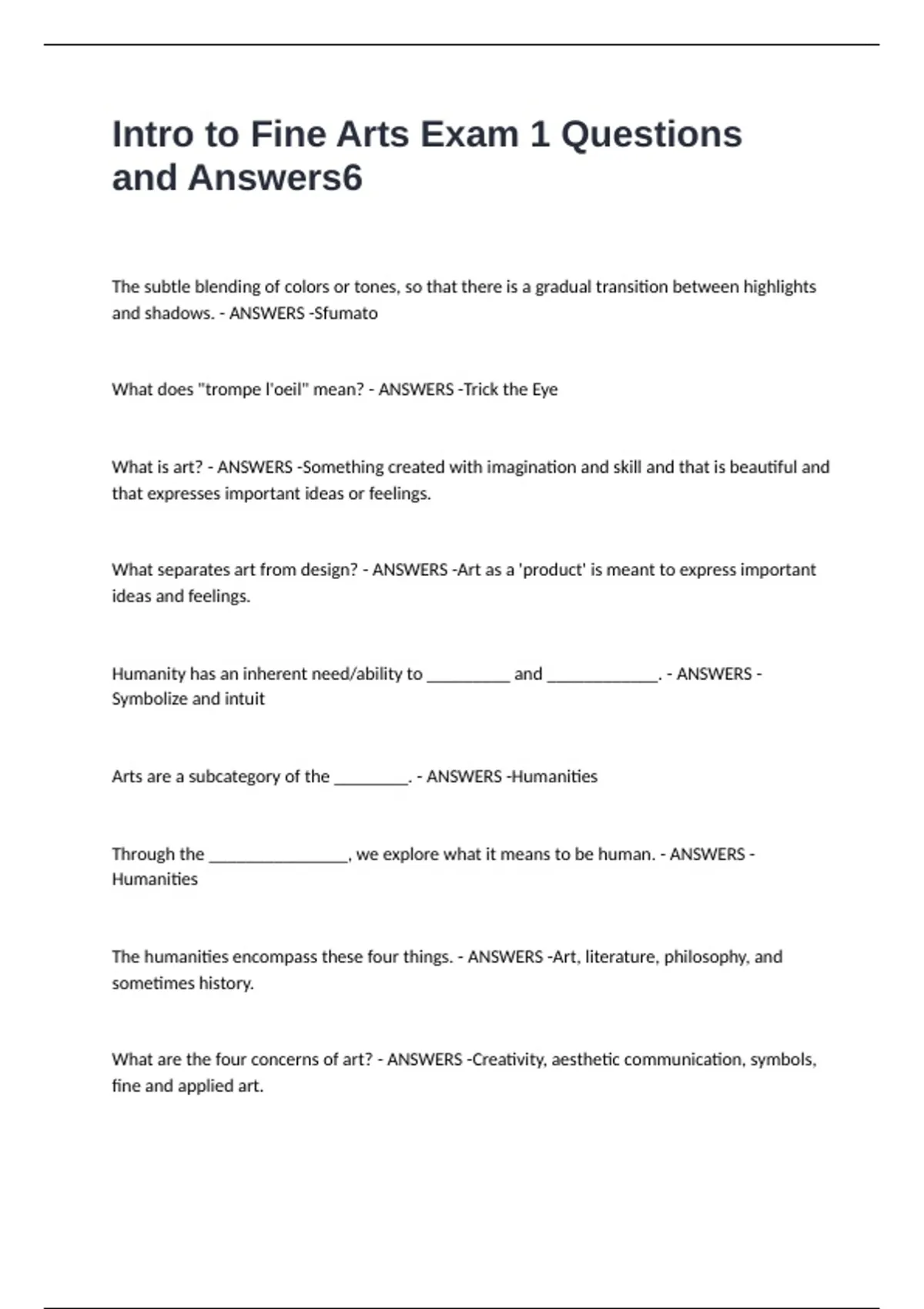 Intro to Fine Arts Exam 1 Questions and Answers - Intro to Fine Arts ...