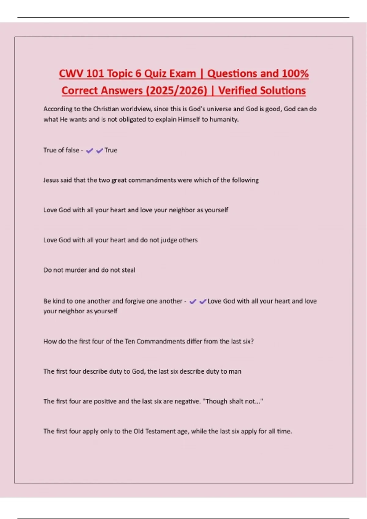 CWV 101 Topic 6 Quiz Exam | Questions and 100% Correct Answers (2025/ ...