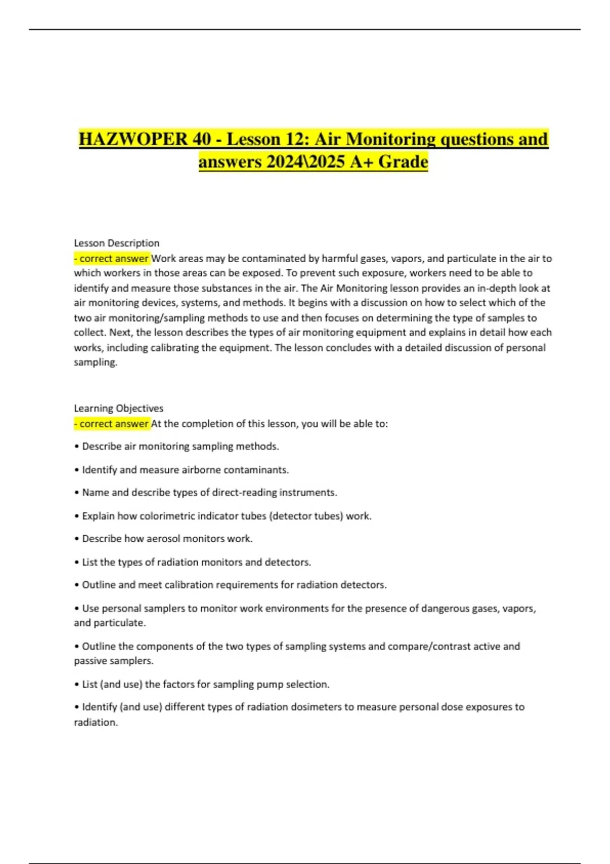 HAZWOPER 40 – Lesson 12 Air Monitoring Exam Questions with Correct ...