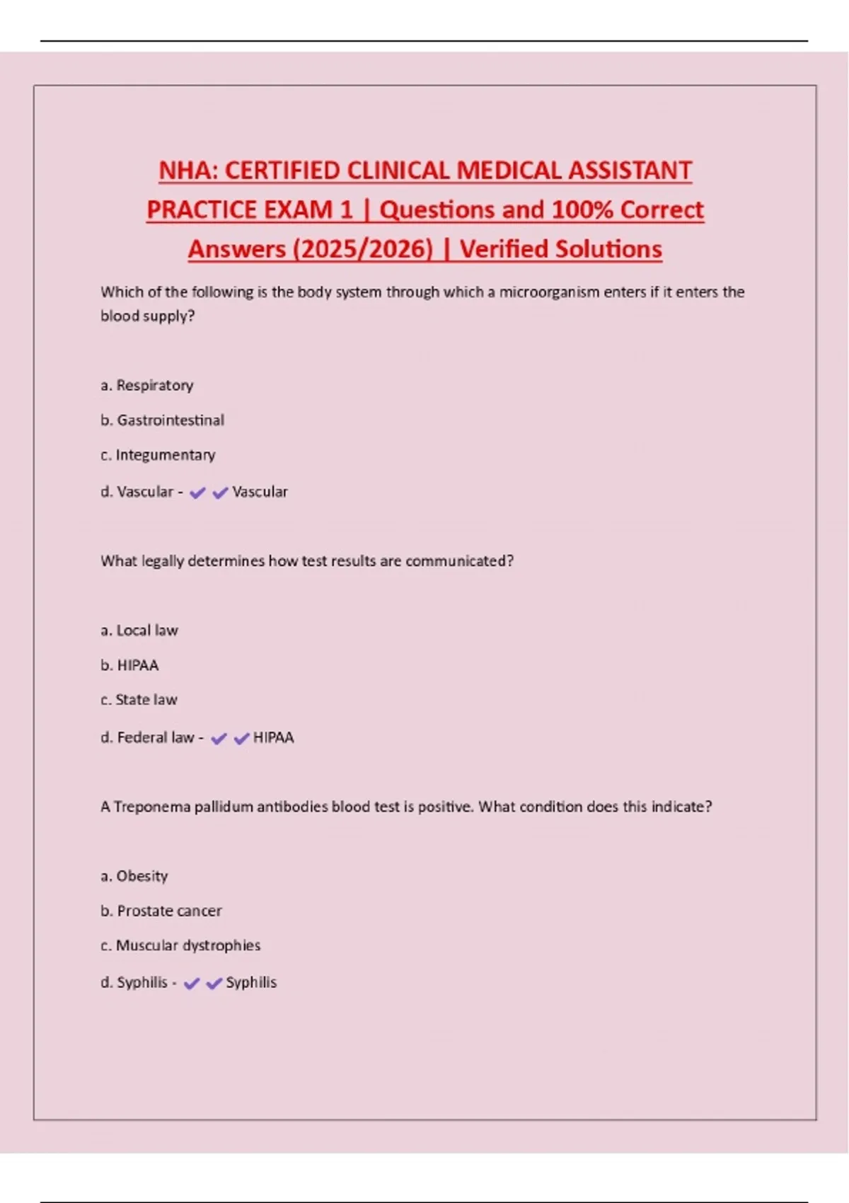 NHA: CERTIFIED CLINICAL MEDICAL ASSISTANT PRACTICE EXAM 1 | Questions ...