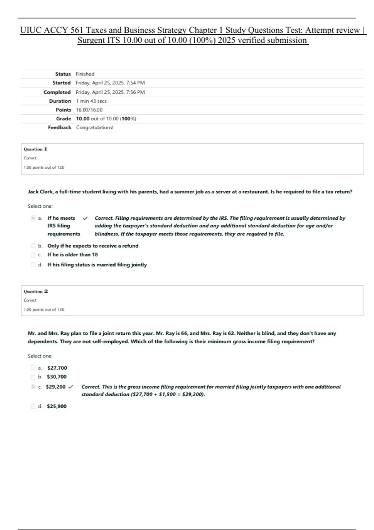 UIUC ACCY 561 Taxes and Business Strategy Chapter 1 Study Questions ...