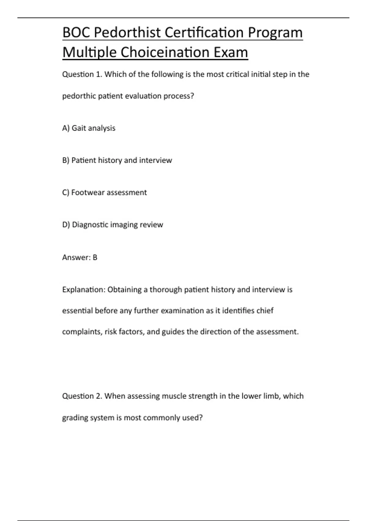 BOC Pedorthist Certification Program Multiple Choiceination Exam ...