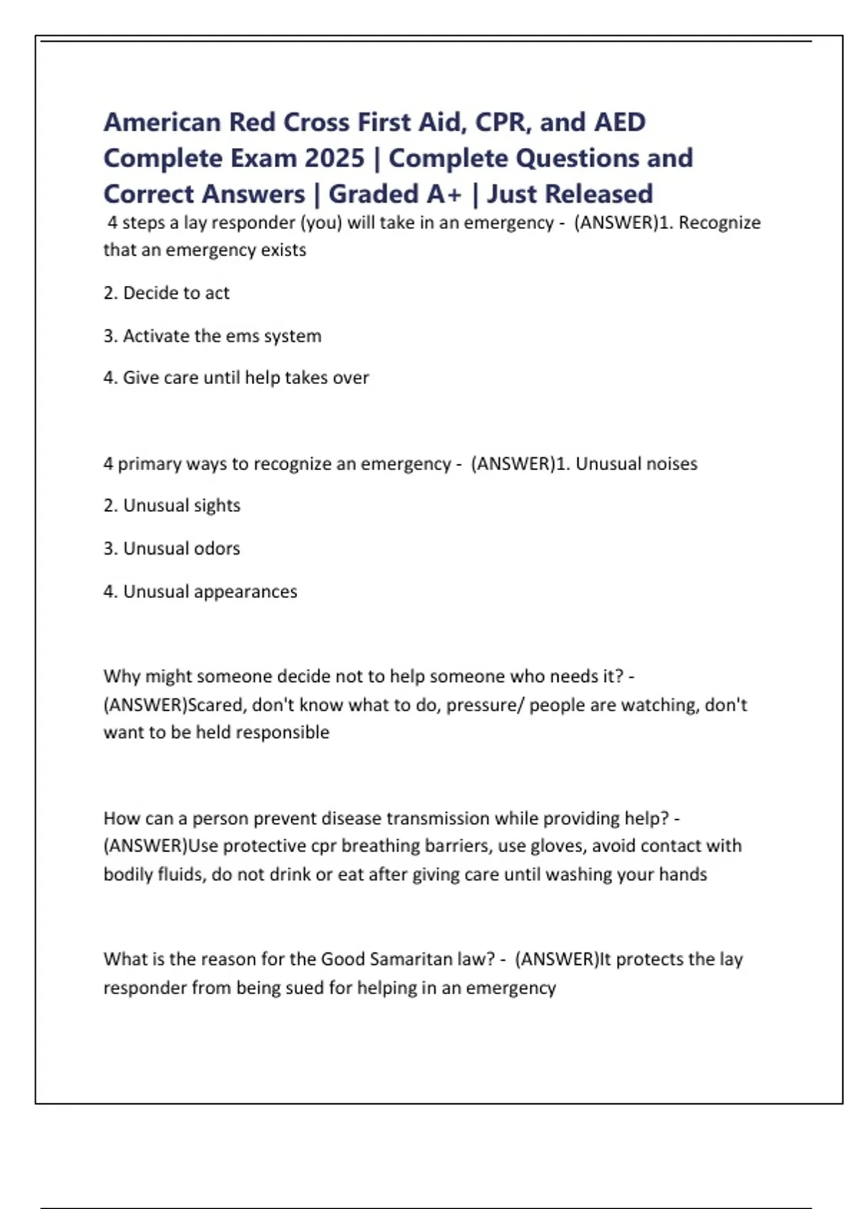 American Red Cross First Aid, CPR, and AED Complete Exam 2025 ...