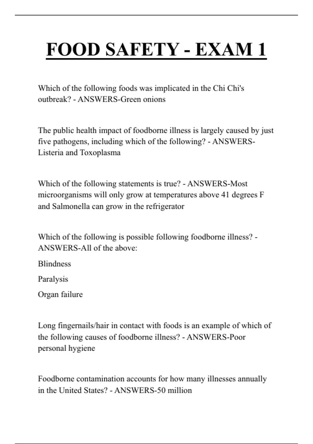 FOOD SAFETY - EXAM 1 QUESTIONS AND ANSWERS 2025 - FOOD SAFETY - Stuvia US