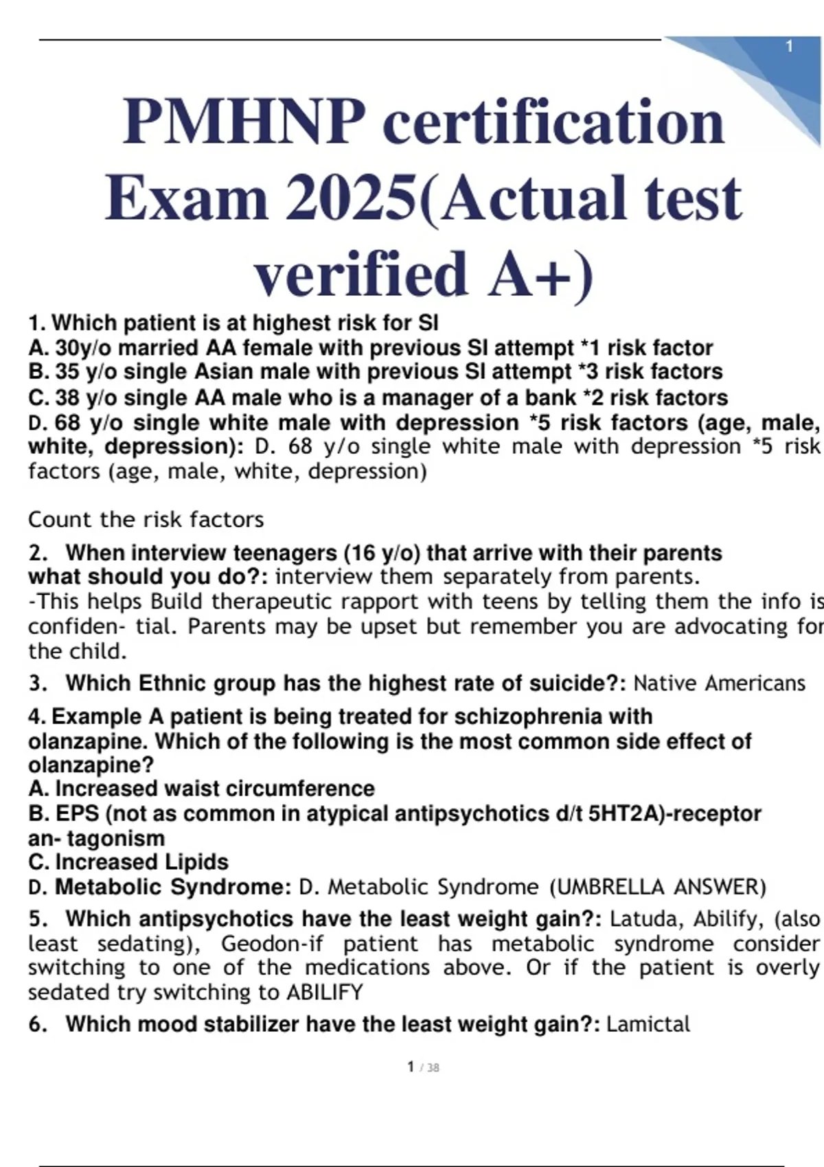 PMHNP Certification Exam 2025 – Actual Test Verified A+ (Practice ...