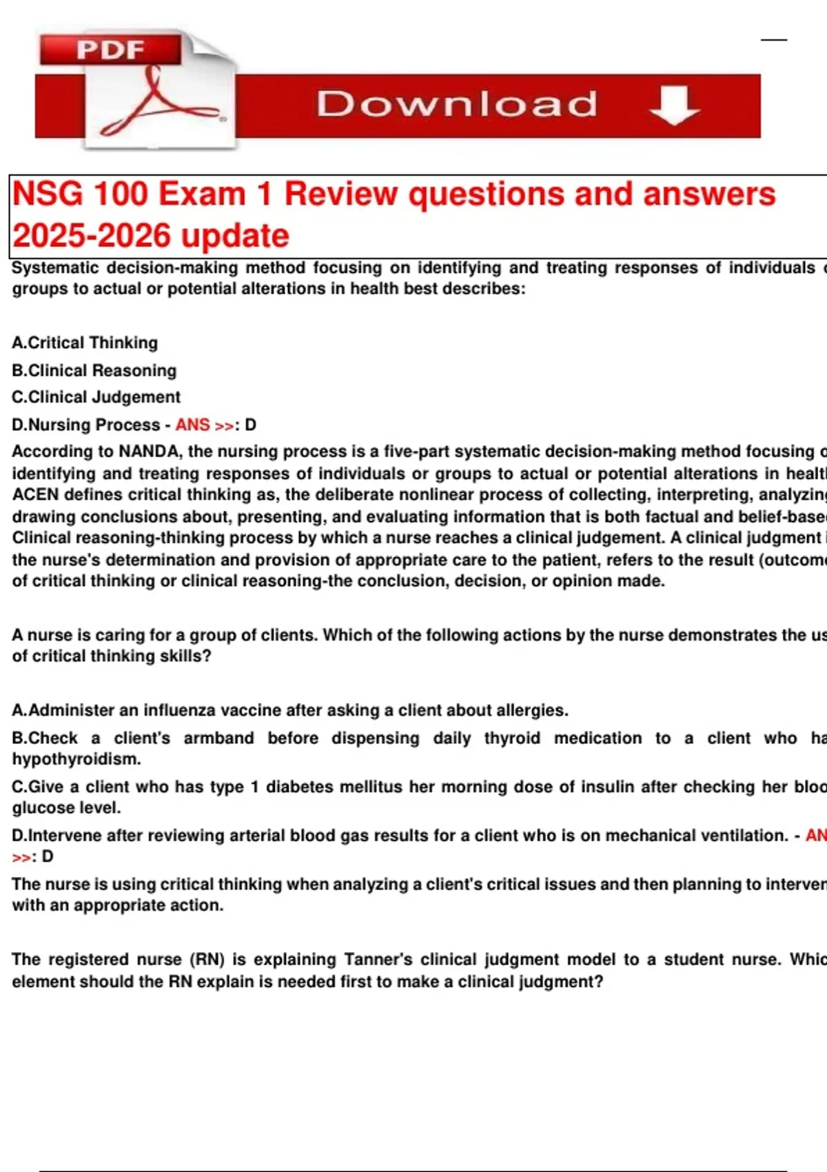 NSG 100 Exam 1 Review questions and answers update - NSG 100 - Stuvia US