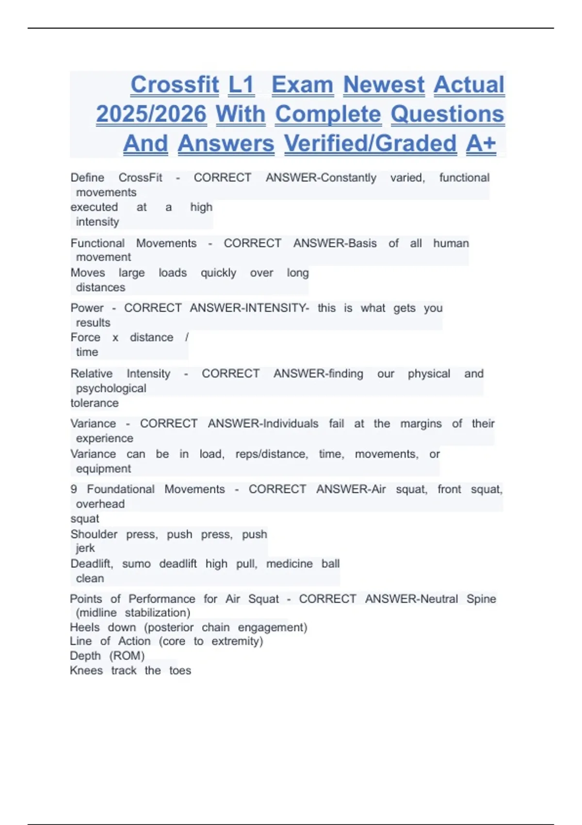 Crossfit L1 Exam Newest Actual 2025/2026 With Complete Questions And ...