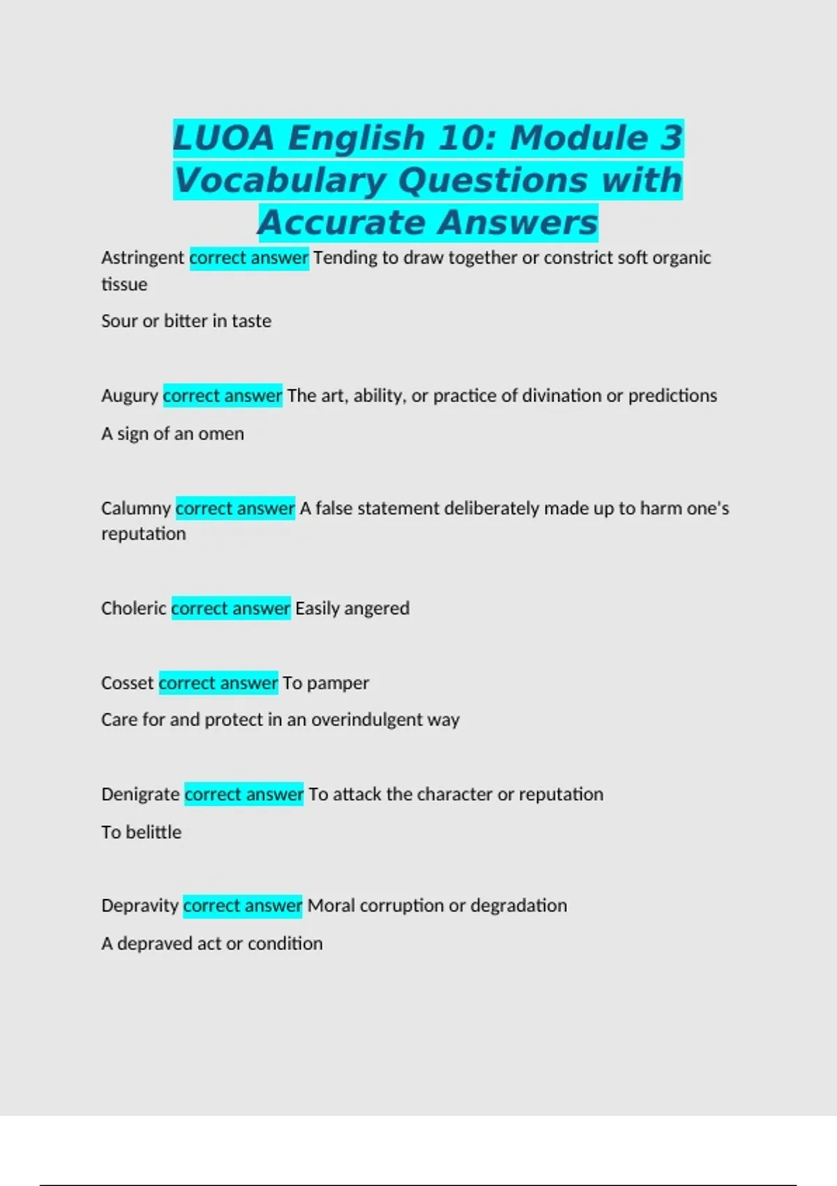 LUOA English 10: Module 3 Vocabulary Questions with Accurate Answers ...