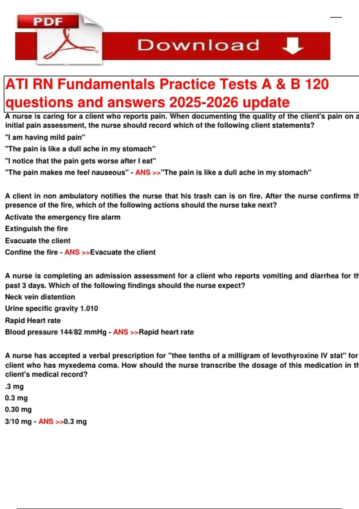 ATI RN Fundamentals Practice Tests A & B 120 questions and answers ...