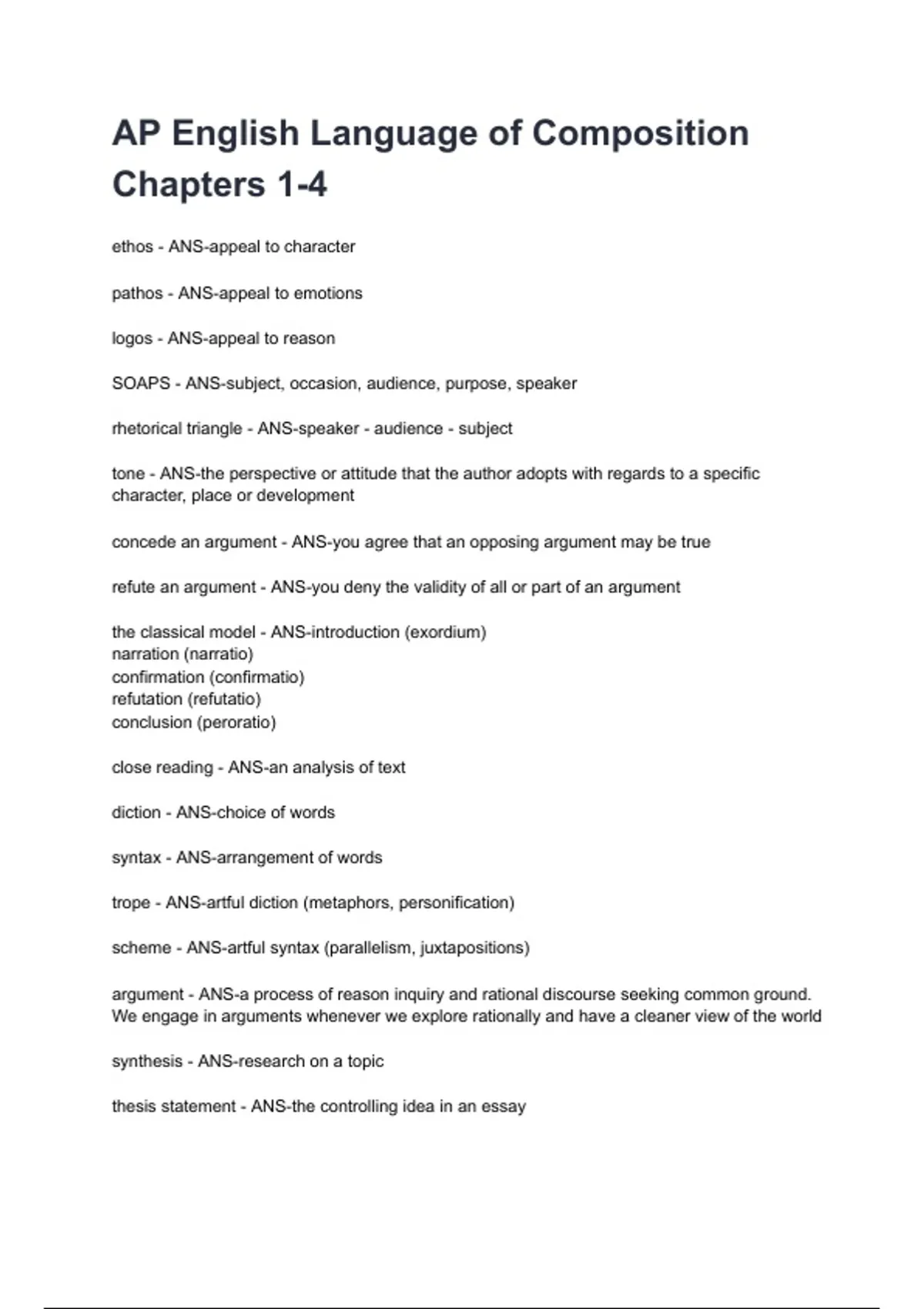 AP English Language of Composition Chapters 1-4 Questions and answers ...