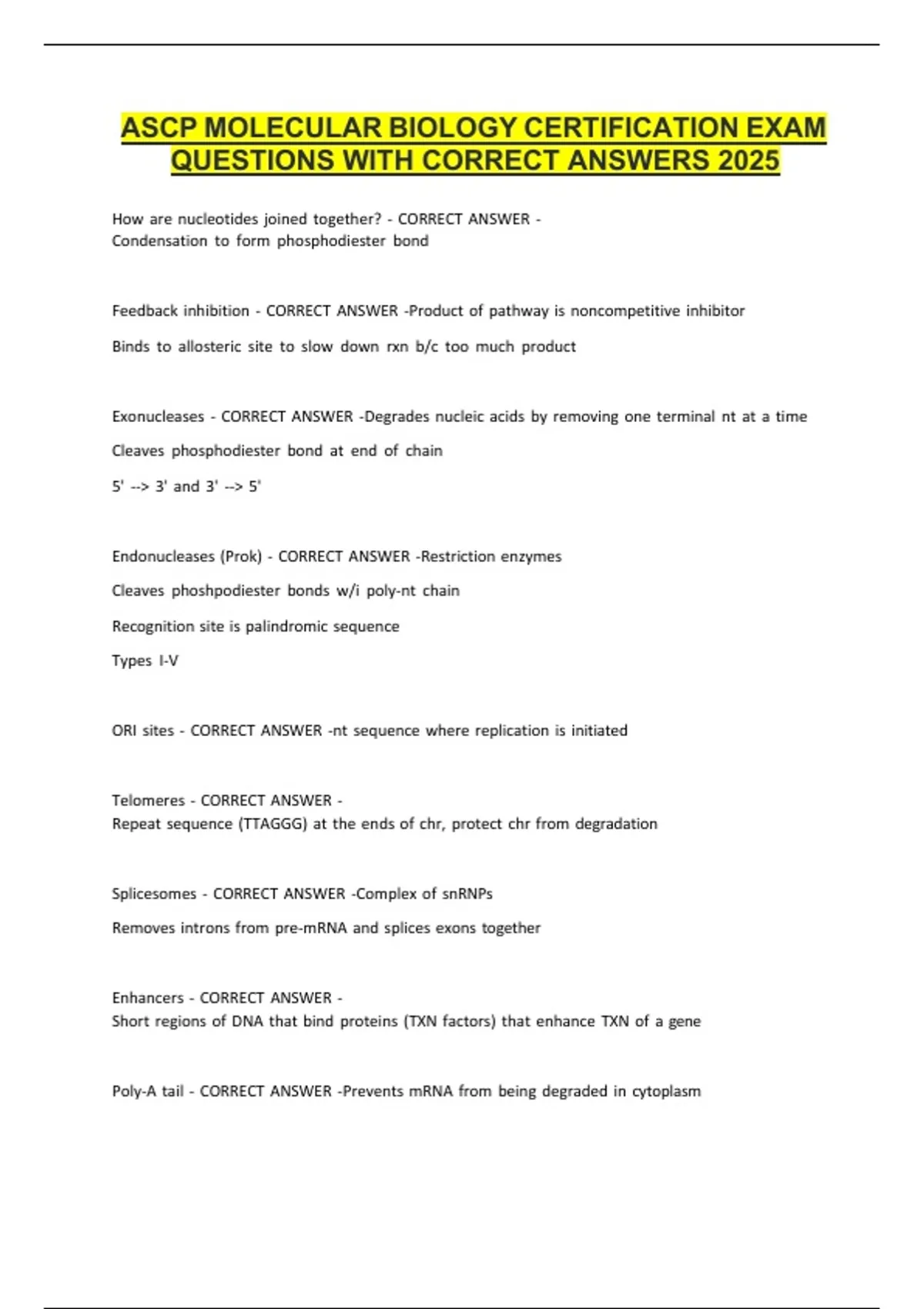ASCP MOLECULAR BIOLOGY CERTIFICATION EXAM QUESTIONS WITH CORRECT ANSWERS 2025 - ASCP - Stuvia US