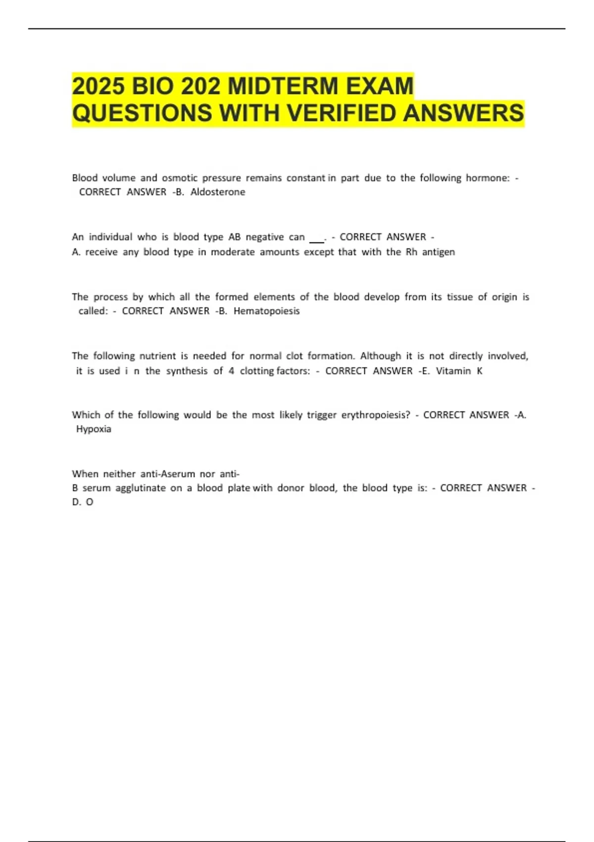 2025 BIO 202 MIDTERM EXAM QUESTIONS WITH VERIFIED ANSWERS - Biology 202 ...