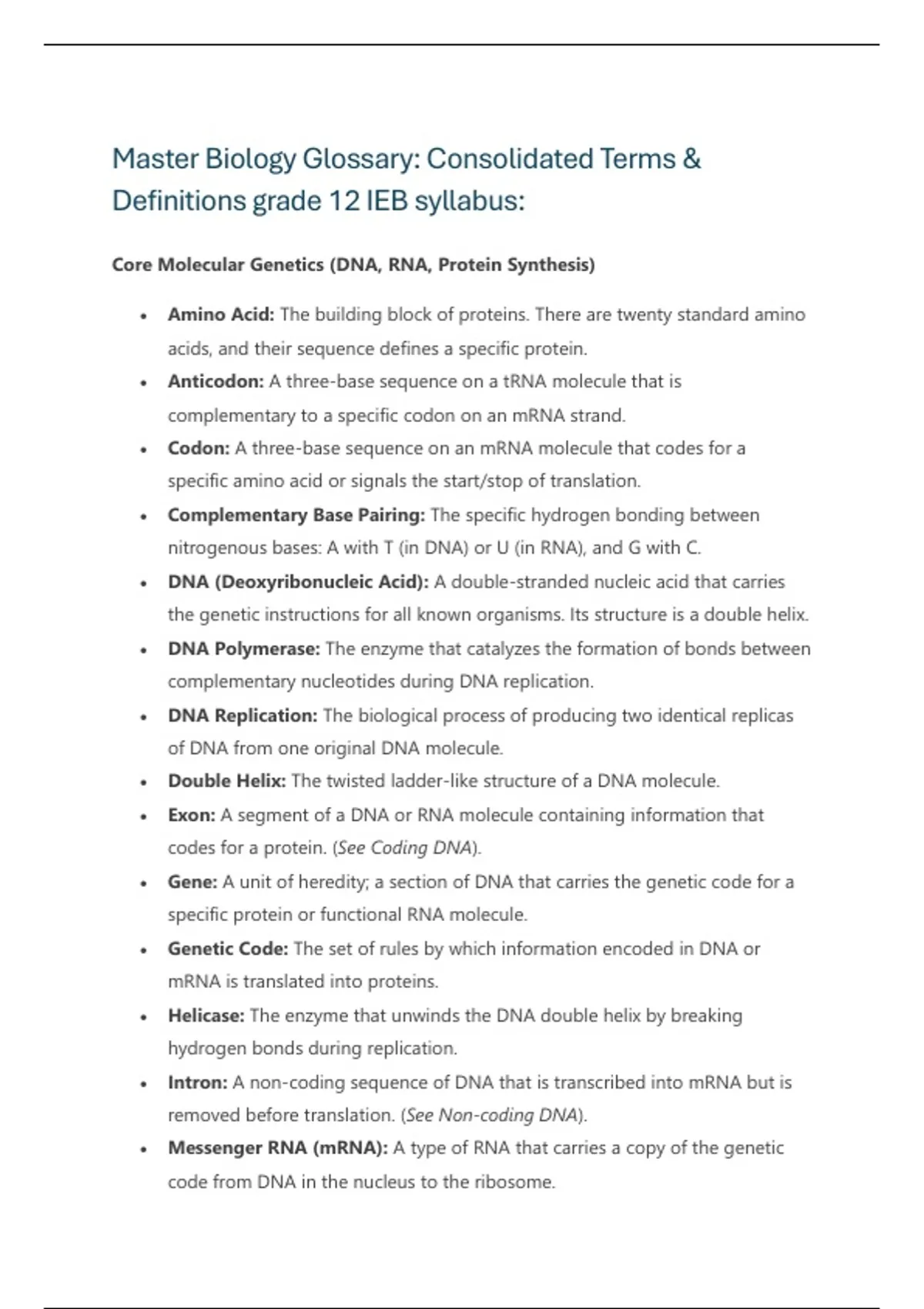 Summary Life Sciences (Biology) Terms and defintions list. Grade 12 IEB ...