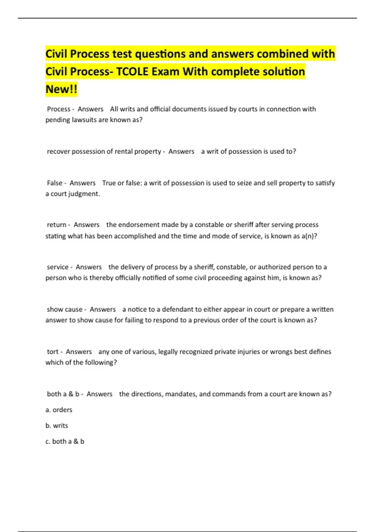 Civil Process test questions and answers combined with Civil Process ...