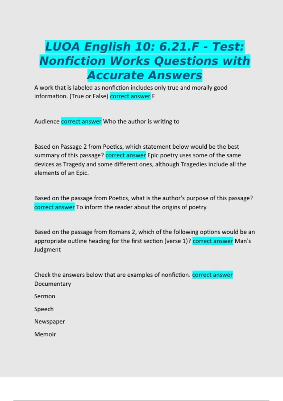 LUOA English 10: 6.21.F - Test: Nonfiction Works Questions with ...