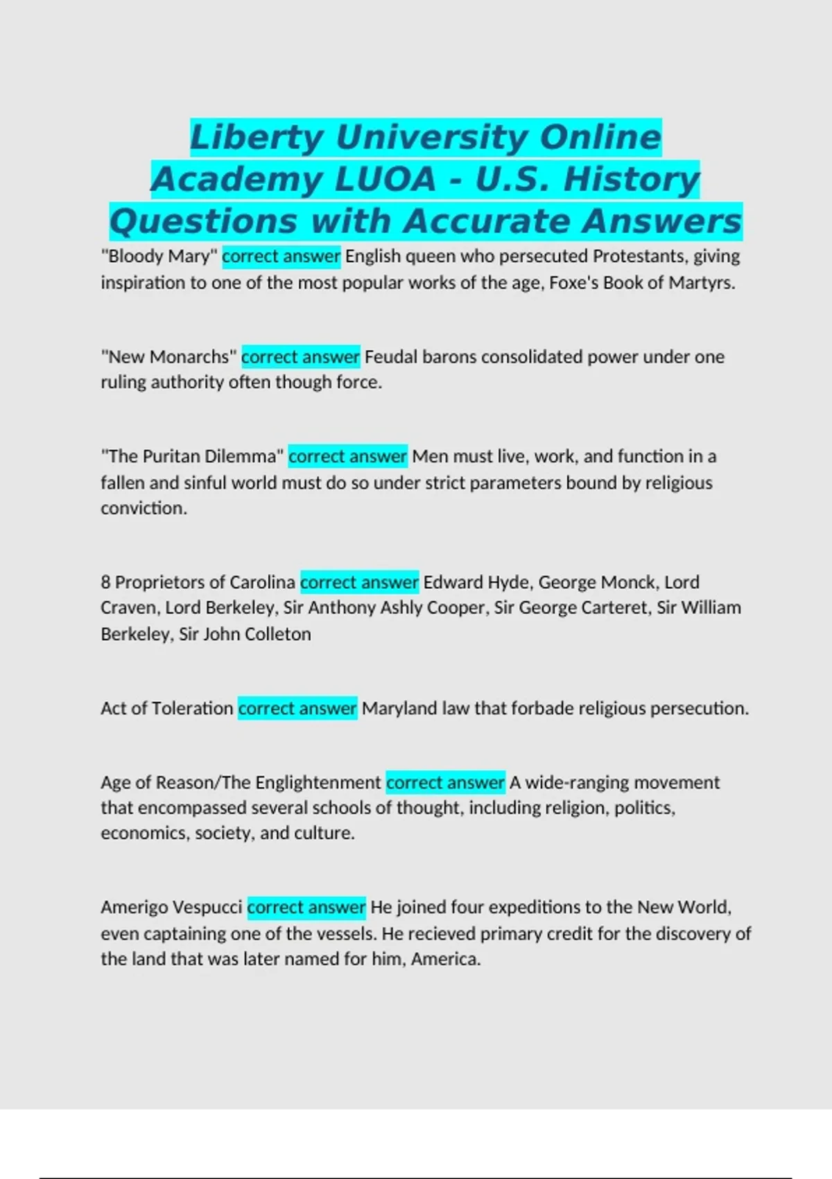 Liberty University Online Academy LUOA - U.S. History Questions with ...