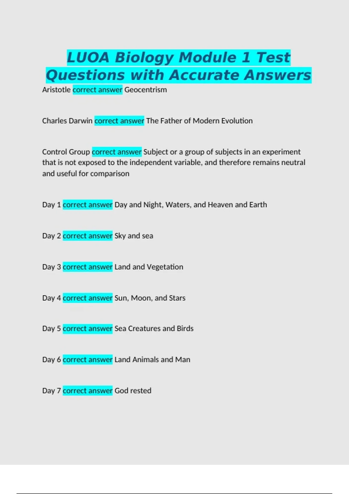 LUOA Biology Module 1 Test Questions with Accurate Answers - Humanities ...