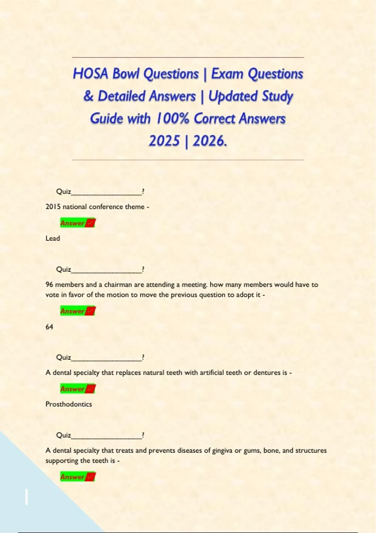 HOSA Bowl Questions | Exam Questions & Detailed Answers | Updated Study ...