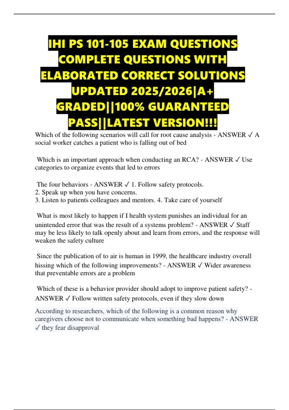 IHI PS 101-105 EXAM QUESTIONS COMPLETE QUESTIONS WITH ELABORATED ...