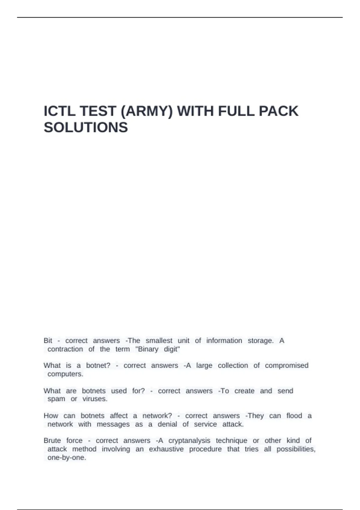 ICTL Test (Army) with full pack solutions - ICTL - Stuvia US