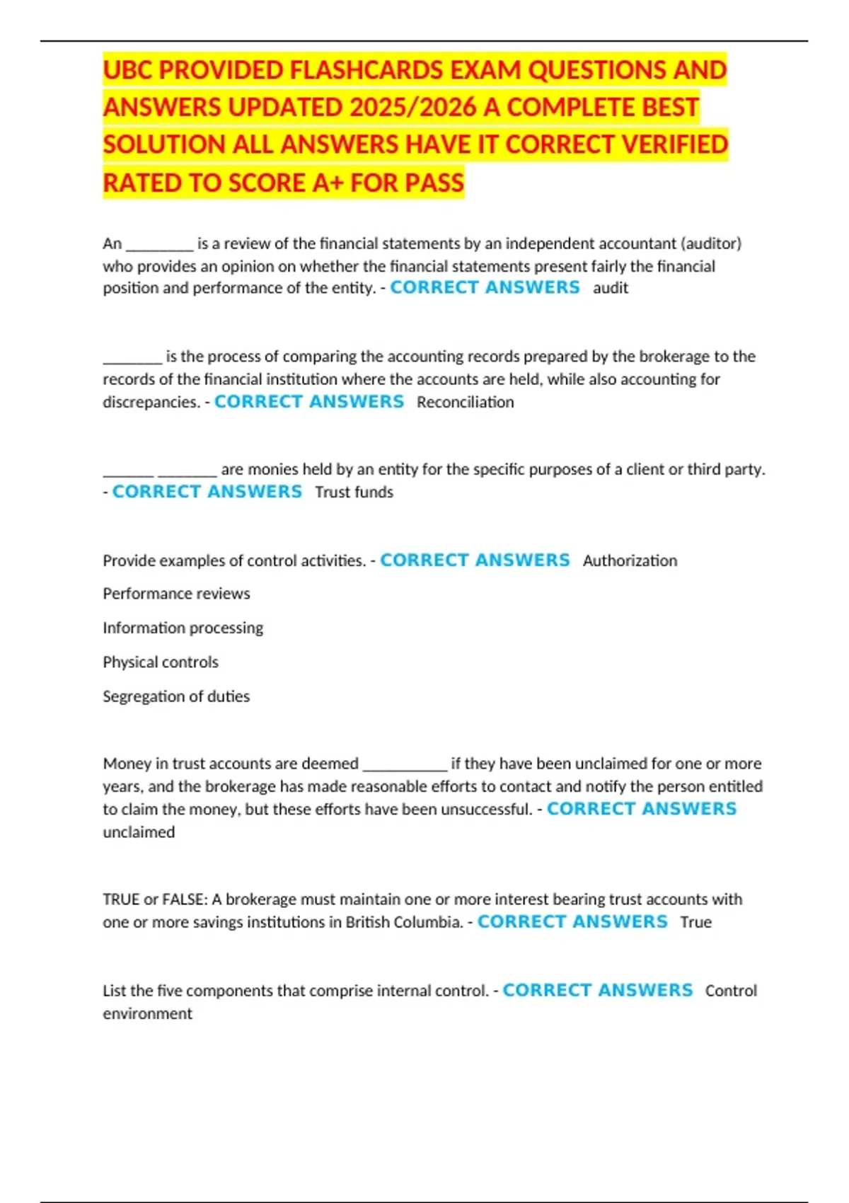 UBC PROVIDED FLASHCARDS EXAM QUESTIONS AND ANSWERS UPDATED 2025/2026 A ...
