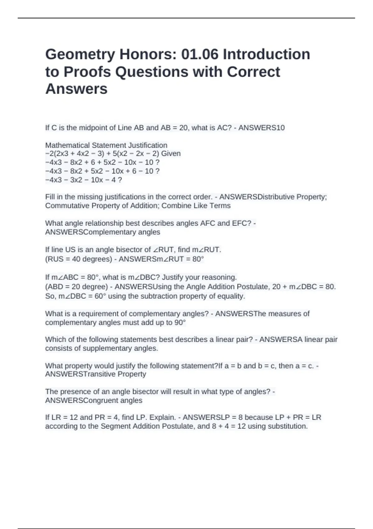 Geometry Honors: 01.06 Introduction to Proofs Questions with Correct ...