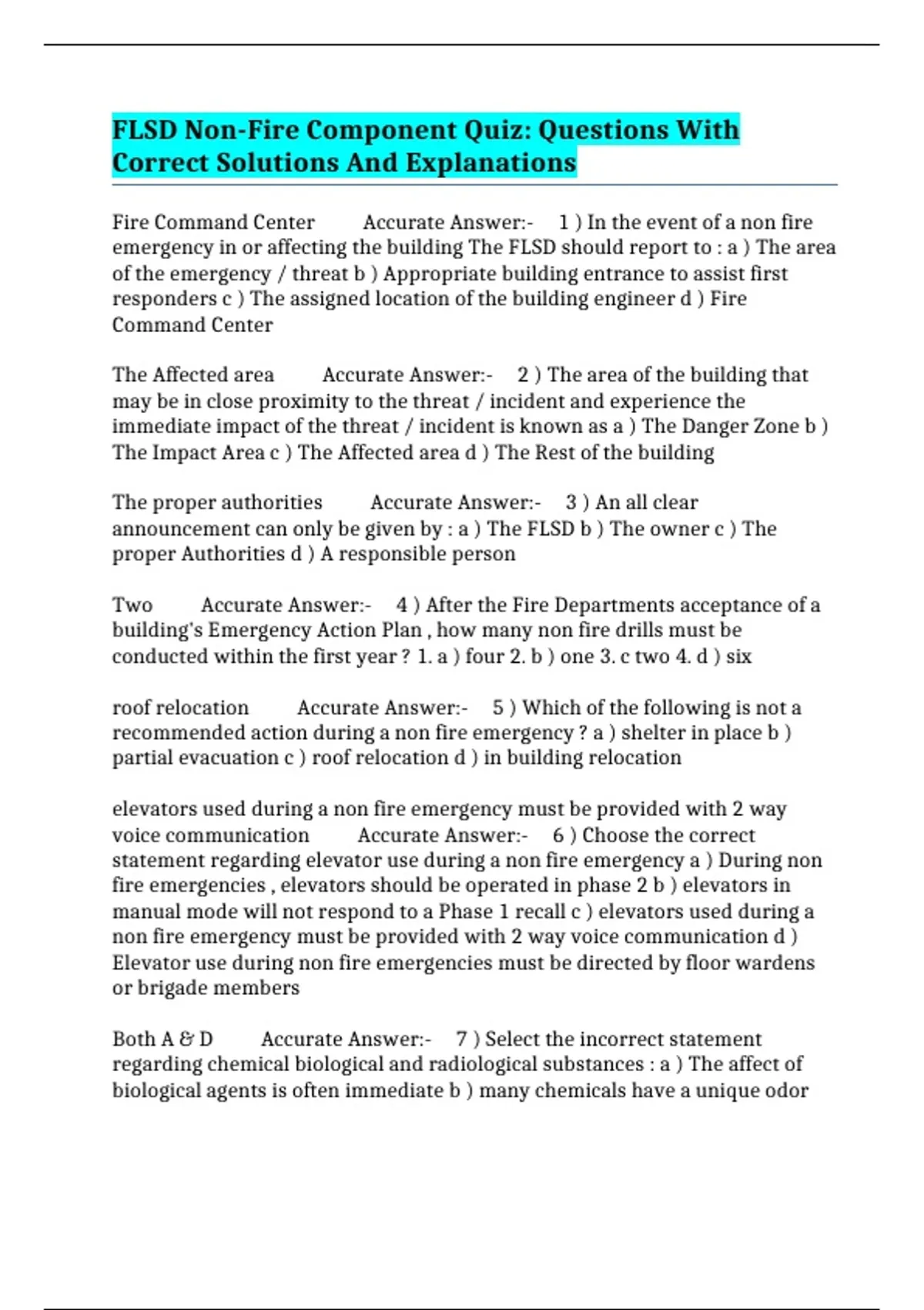 FLSD Non-Fire Component Quiz: Questions With Correct Solutions And ...