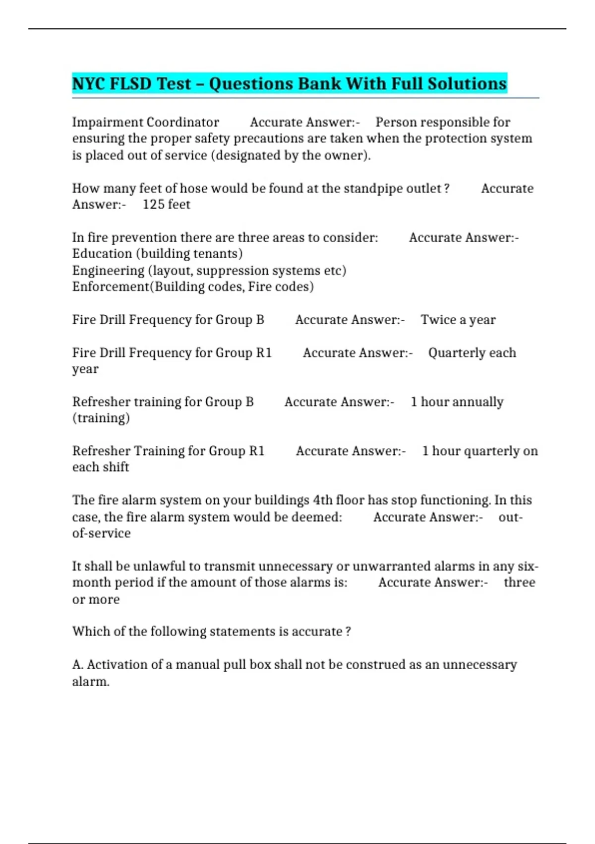 NYC FLSD Test – Questions Bank With Full Solutions - FLSD - FIRE AND ...