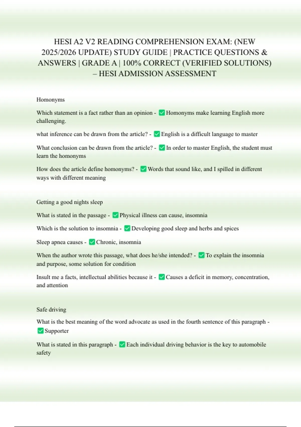 HESI A2 V2 READING COMPREHENSION EXAM: (NEW 2025/2026 UPDATE) STUDY ...