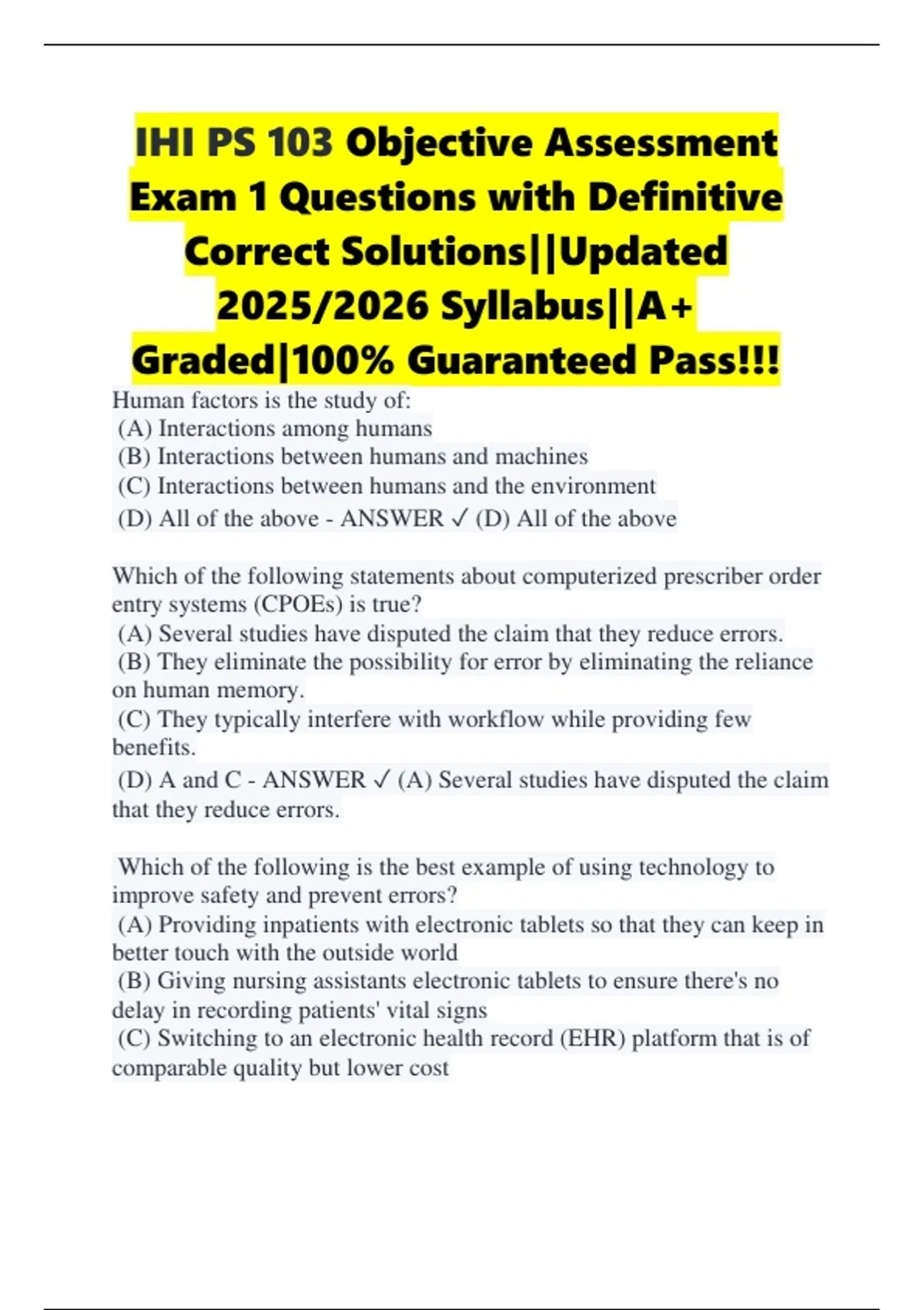 IHI PS 103 Objective Assessment Exam 1 Questions with Definitive Correct Solutions||Updated 2025 ...