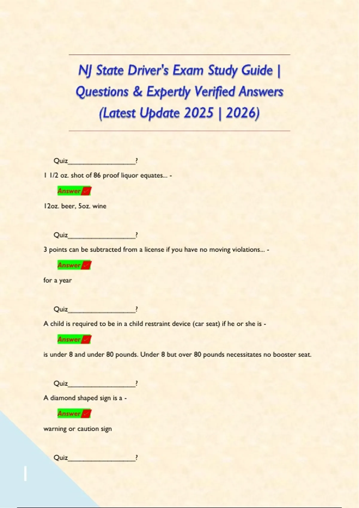 NJ State Driver's Exam Study Guide | Questions & Expertly Verified ...