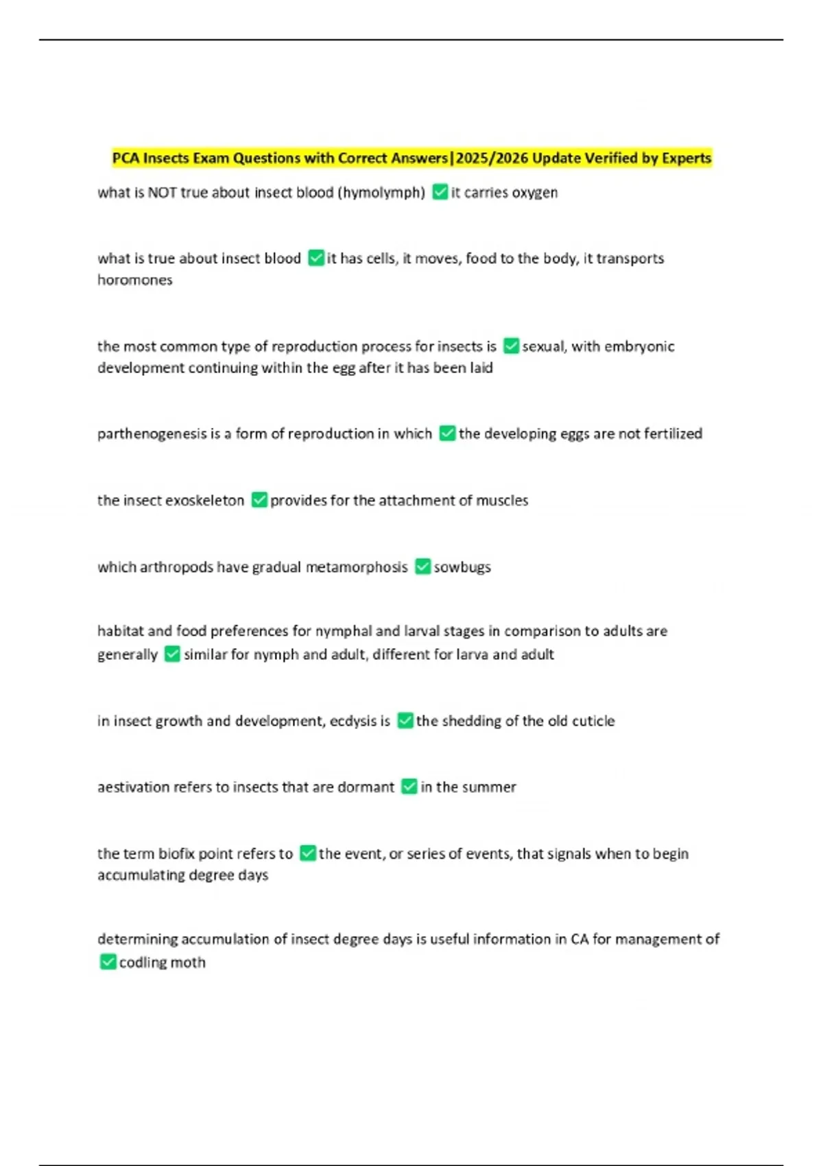 PCA Insects Exam Questions with Correct Answers|2025/2026 Update ...