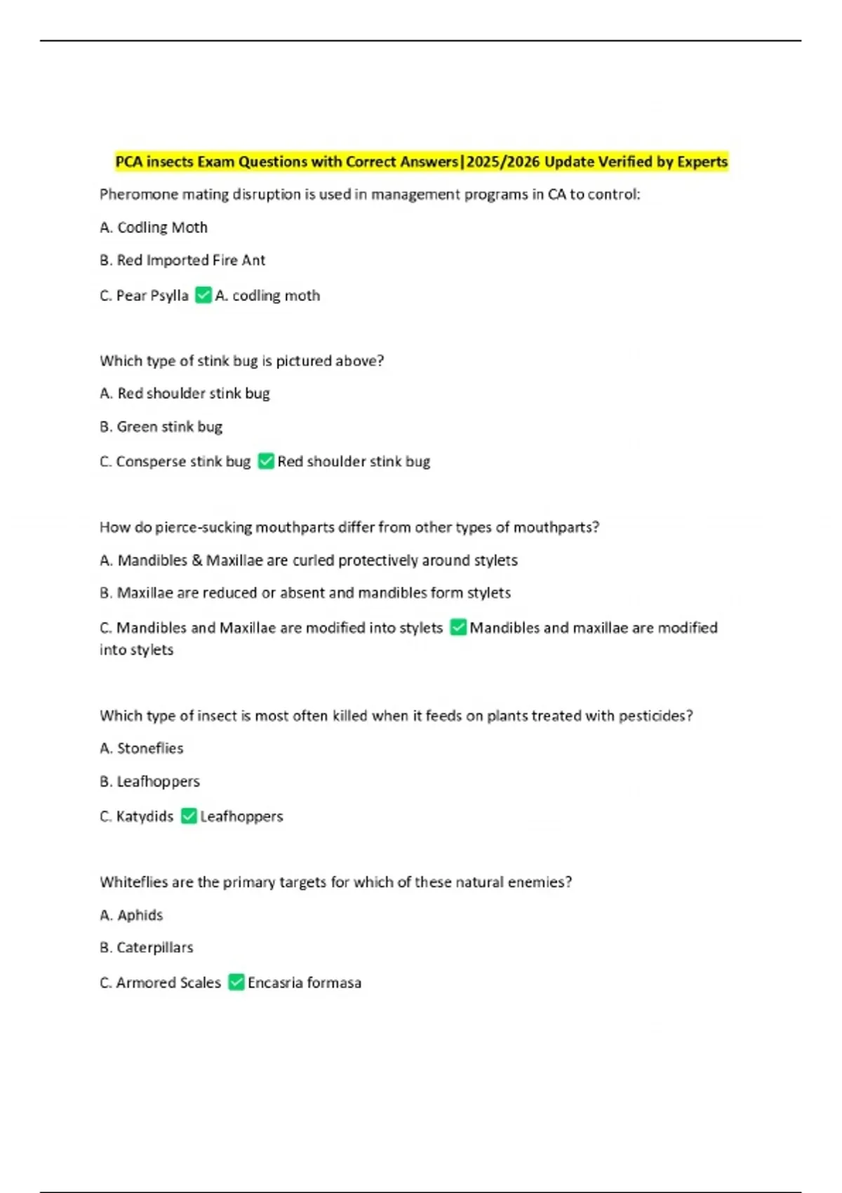 PCA insects Exam Questions with Correct Answers|2025/2026 Update ...