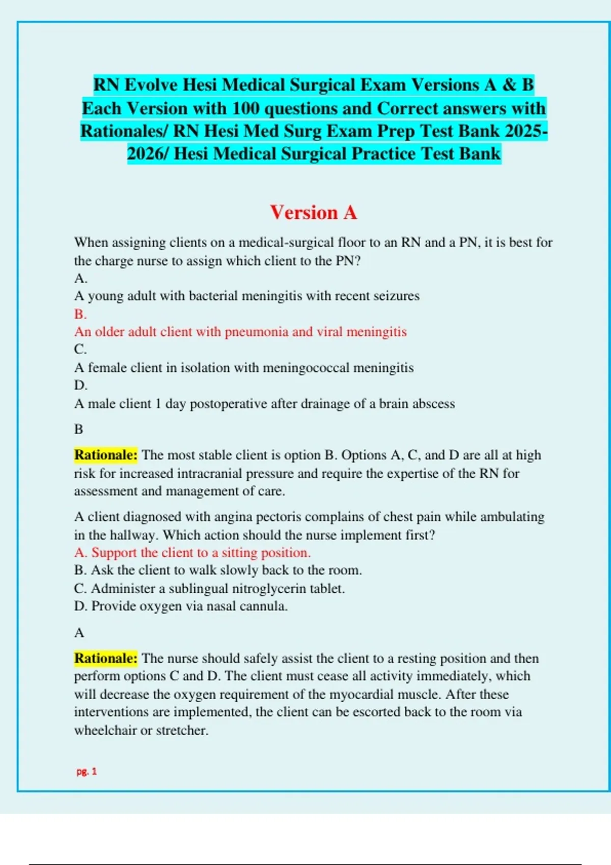 RN Evolve Hesi Medical Surgical Exam Versions A & B Each Version with ...