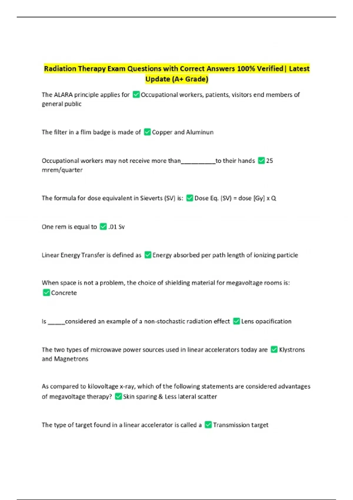 Radiation Therapy Exam Questions with Correct Answers 100% Verified ...