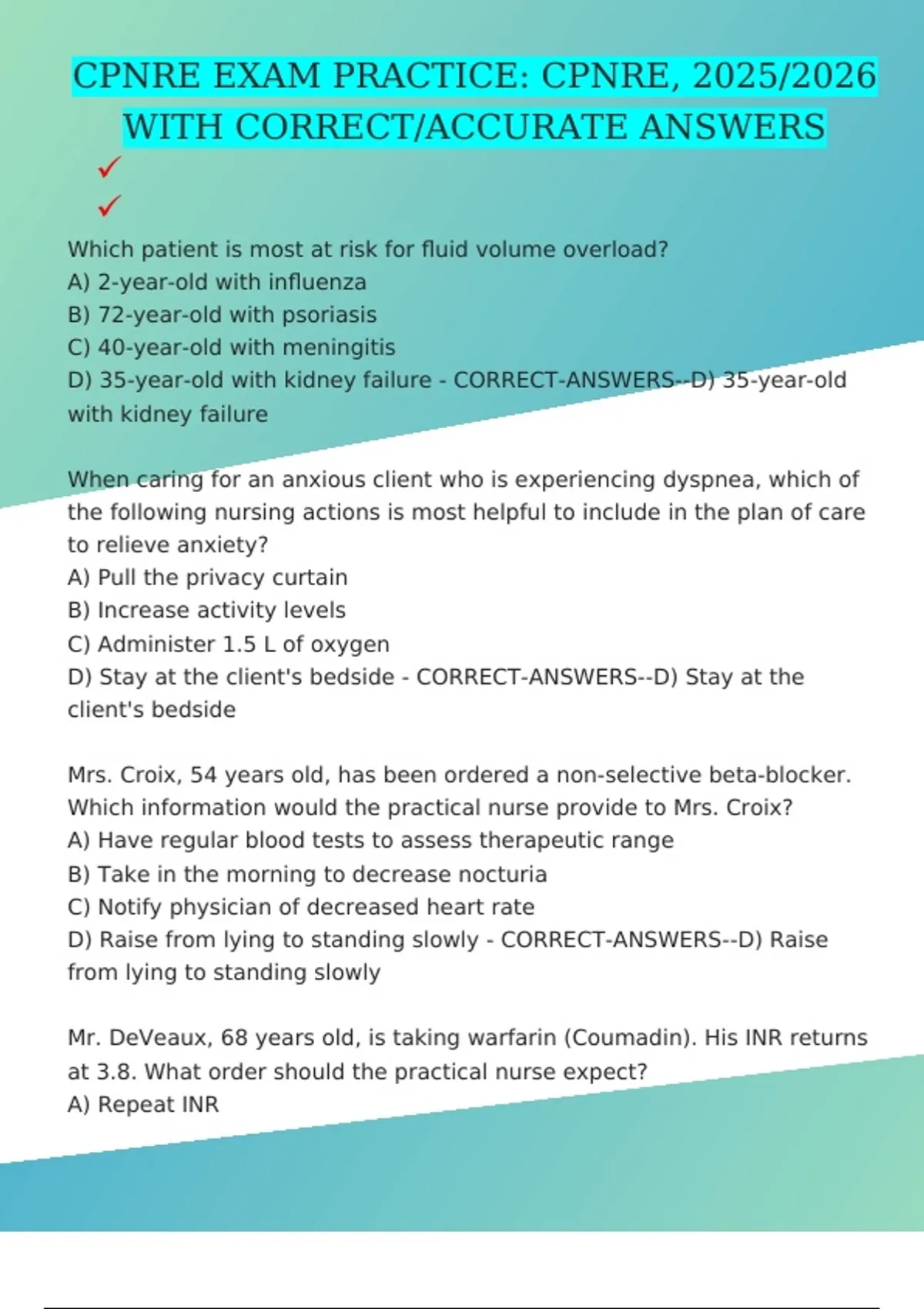 CPNRE EXAM PRACTICE: CPNRE, 2025/2026 WITH CORRECT/ACCURATE ANSWERS ...