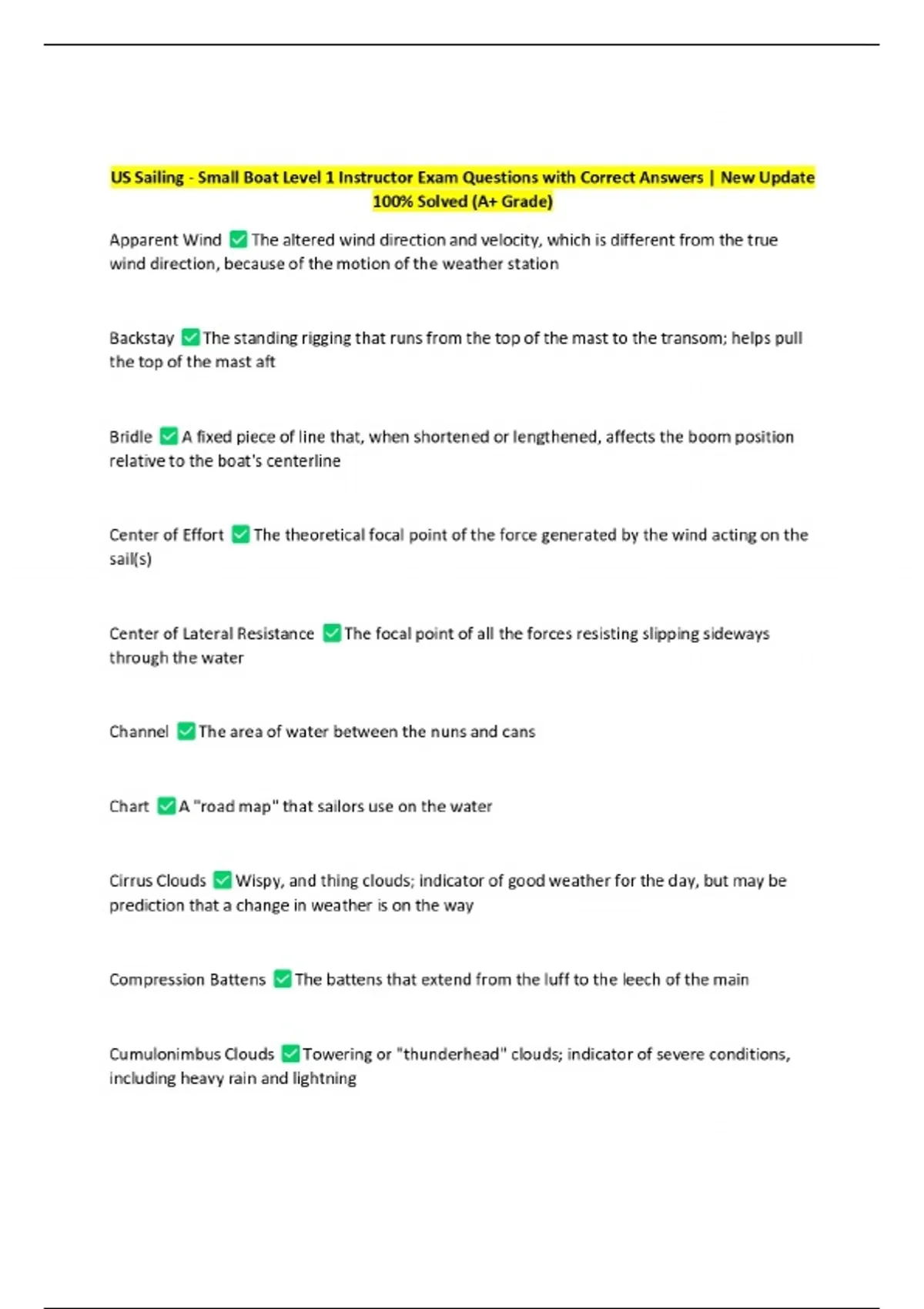 US Sailing - Small Boat Level 1 Instructor Exam Questions with Correct ...