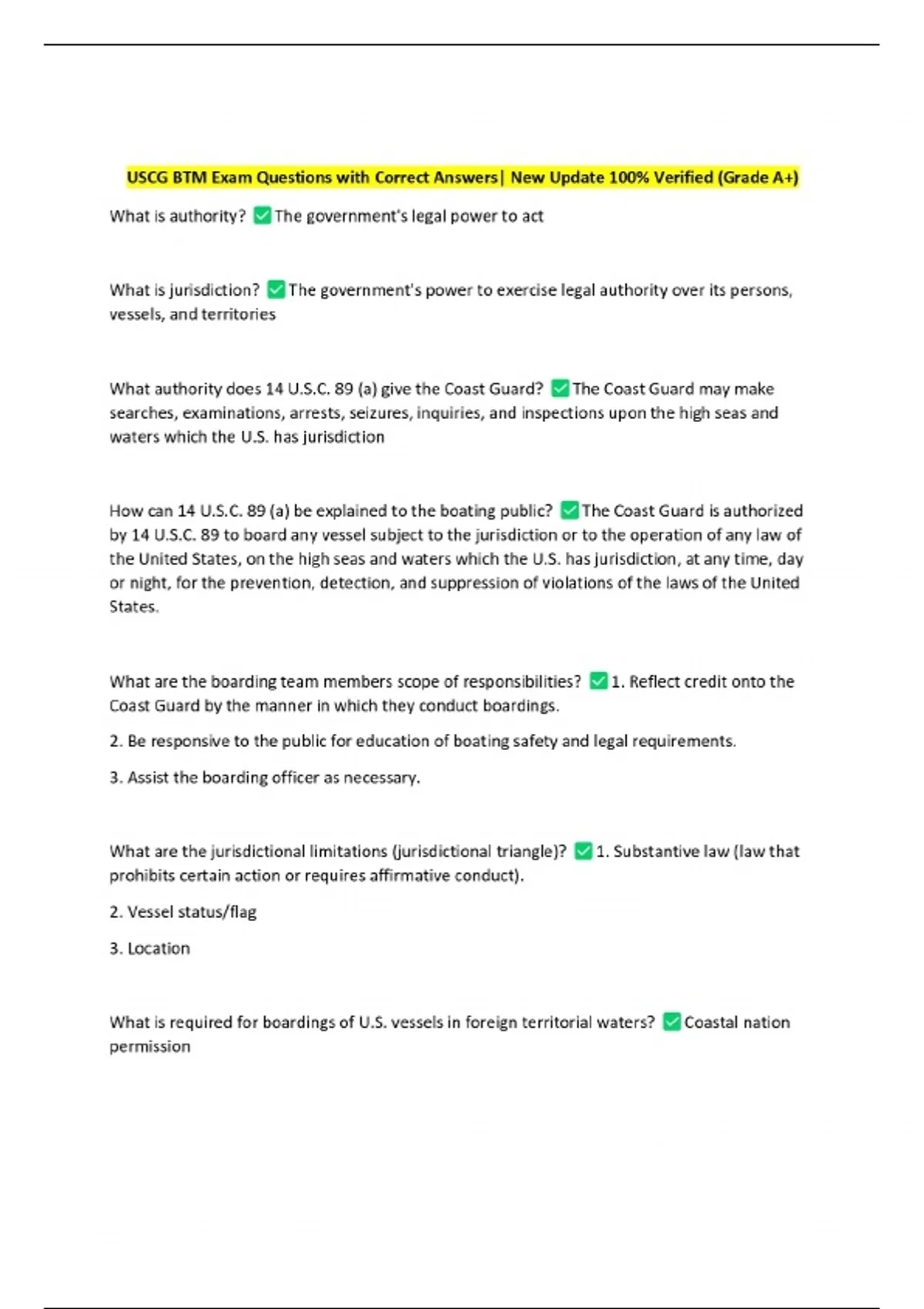 USCG BTM Exam Questions with Correct Answers| New Update 100% Verified ...