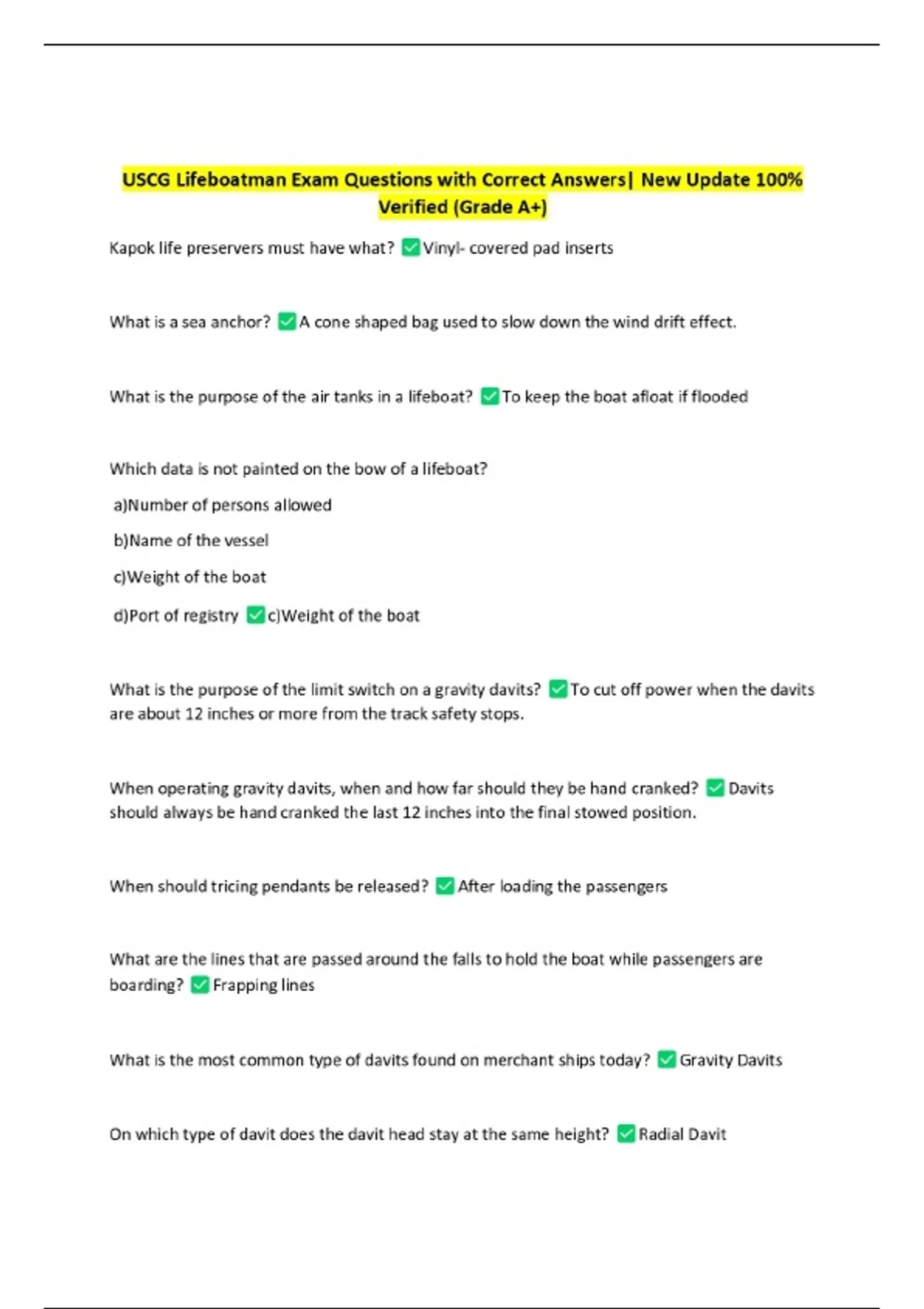 USCG Lifeboatman Exam Questions with Correct Answers| New Update 100% ...