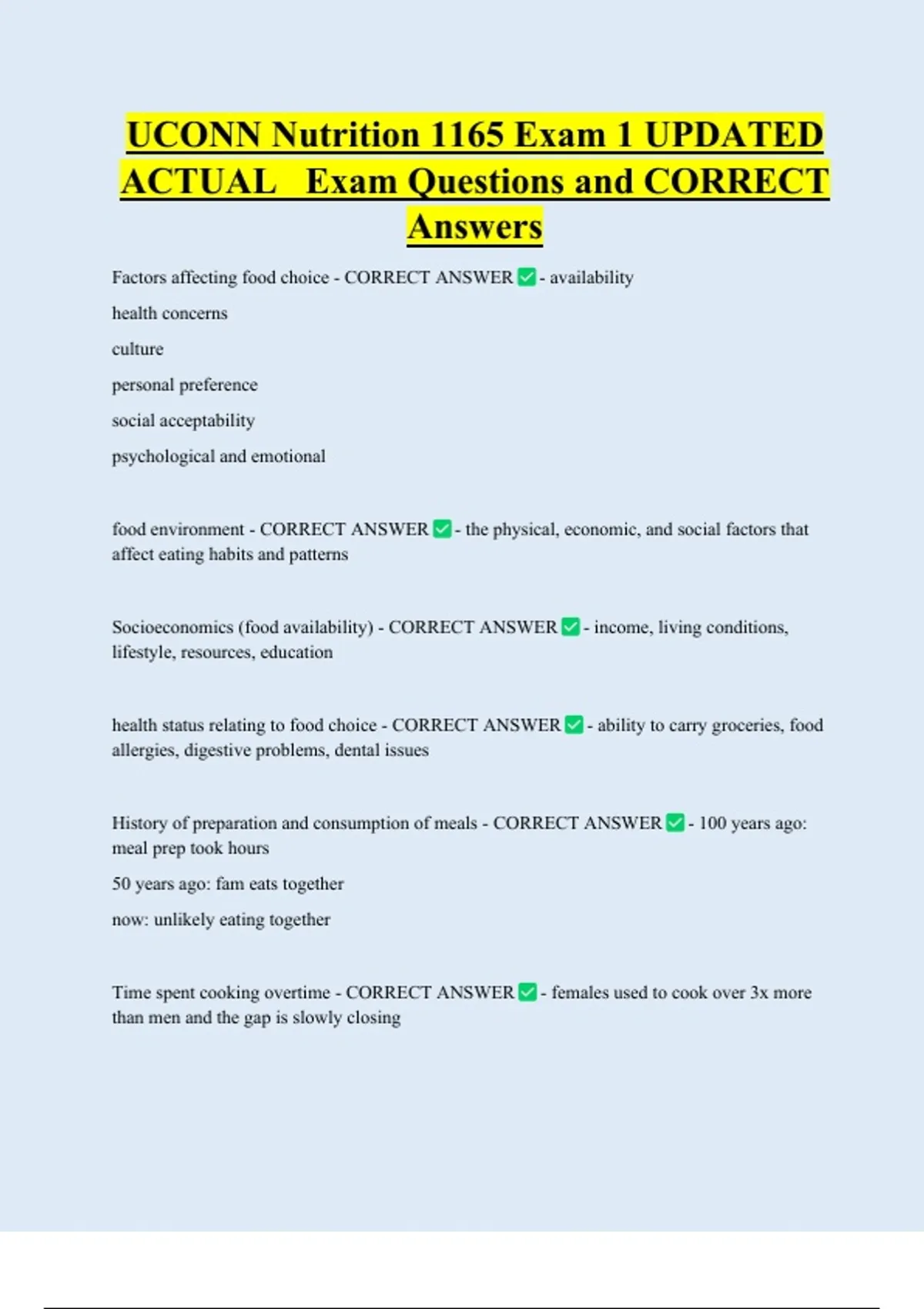 UCONN Nutrition 1165 Exam 1 UPDATED ACTUAL Exam Questions and CORRECT ...