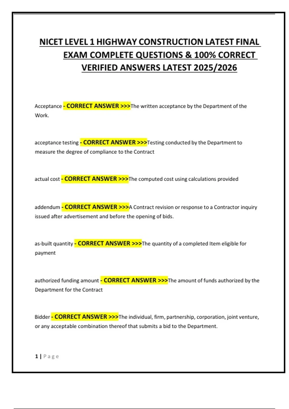 NICET Level 1 Highway Construction Final Exam 2025/2026 | Complete ...