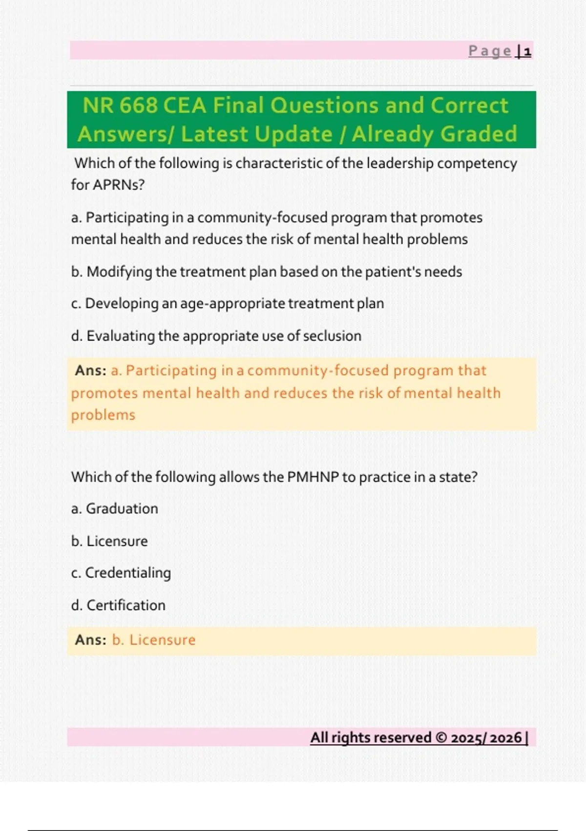 NR 668 CEA Final Exam Questions and Answers – Psychiatric Mental Health ...
