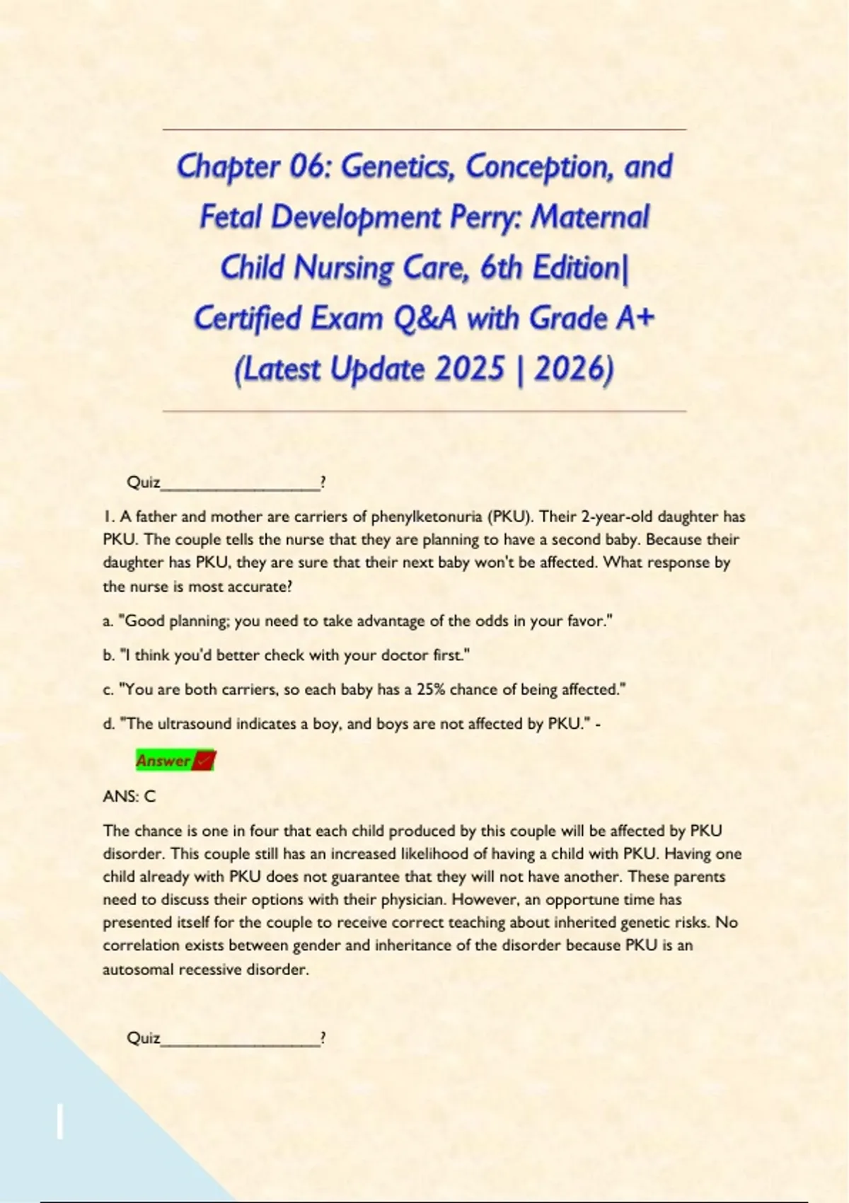 Chapter 06: Genetics, Conception, and Fetal Development Perry: Maternal ...