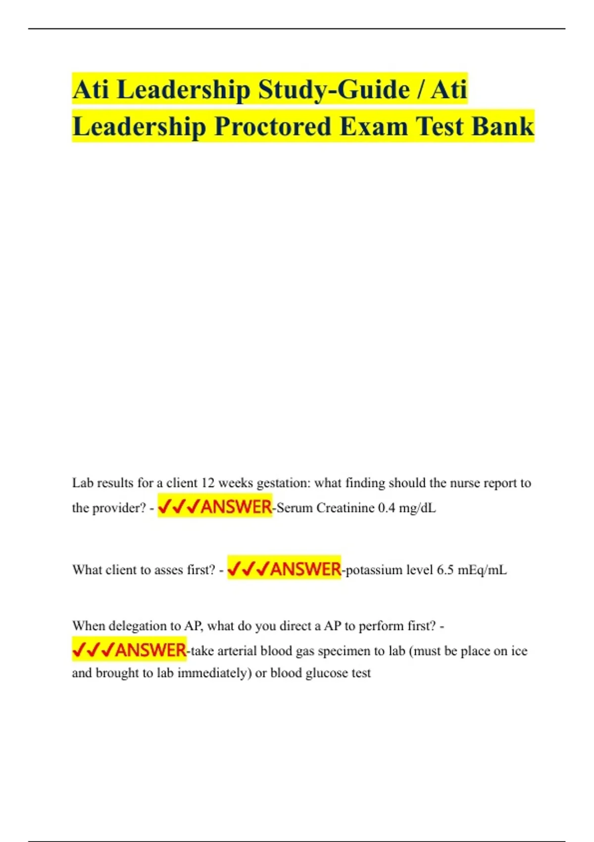 Ati Leadership Study-Guide / Ati Leadership Proctored Exam Test Bank ...